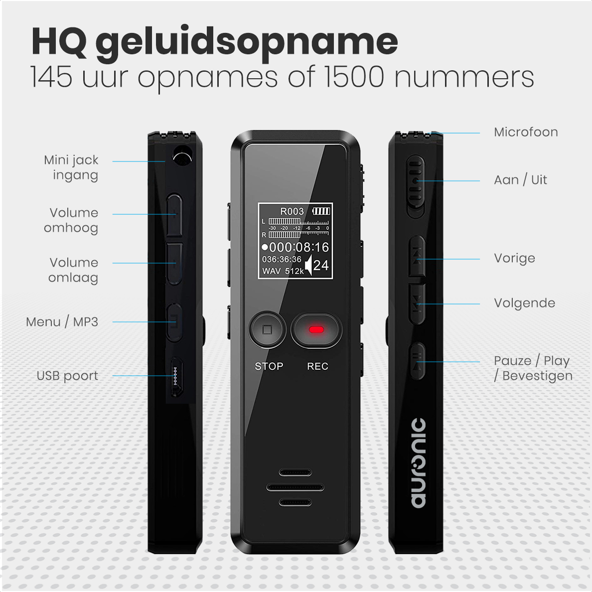Bestel Digitale Voice Recorder - 8GB opslag - Zwart | Auronic