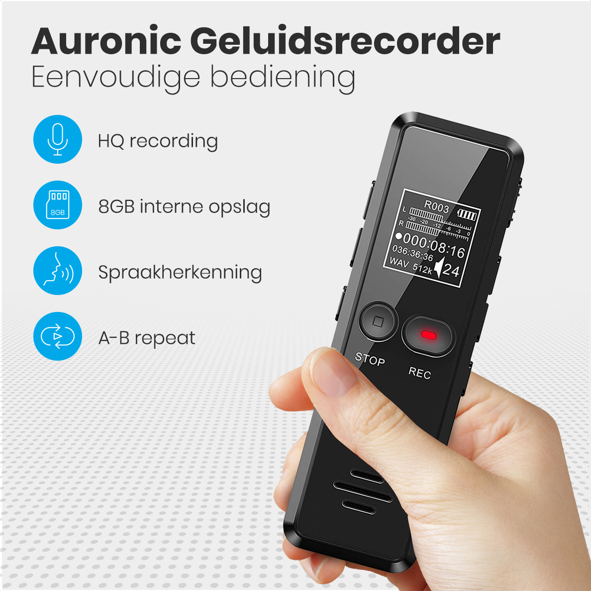 Bestel Digitale Voice Recorder - 8GB opslag - Zwart | Auronic