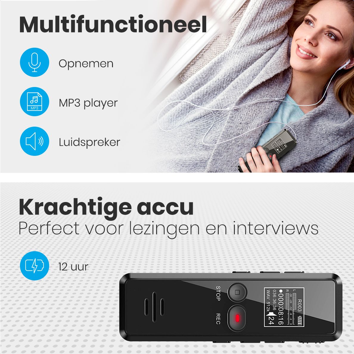 Bestel Digitale Voice Recorder - 8GB opslag - Zwart | Auronic